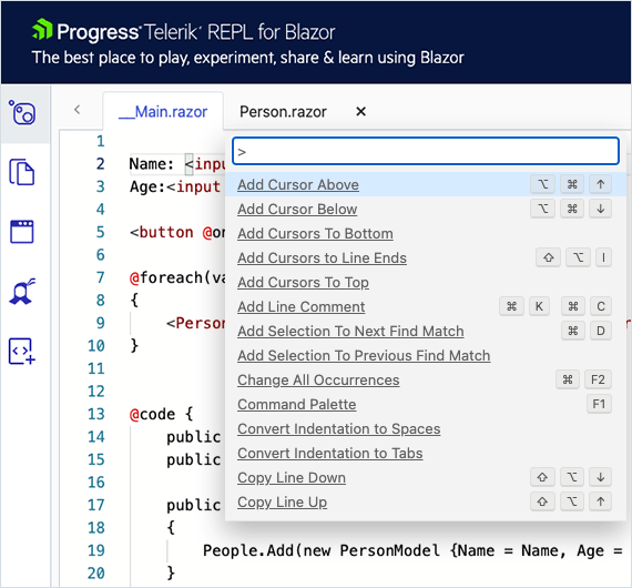 Blazor REPL - Write, Compile, Execute & Share Blazor Code | Telerik ... Blazor REPL - Write, Compile, Execute & Share Blazor Code | Telerik ...